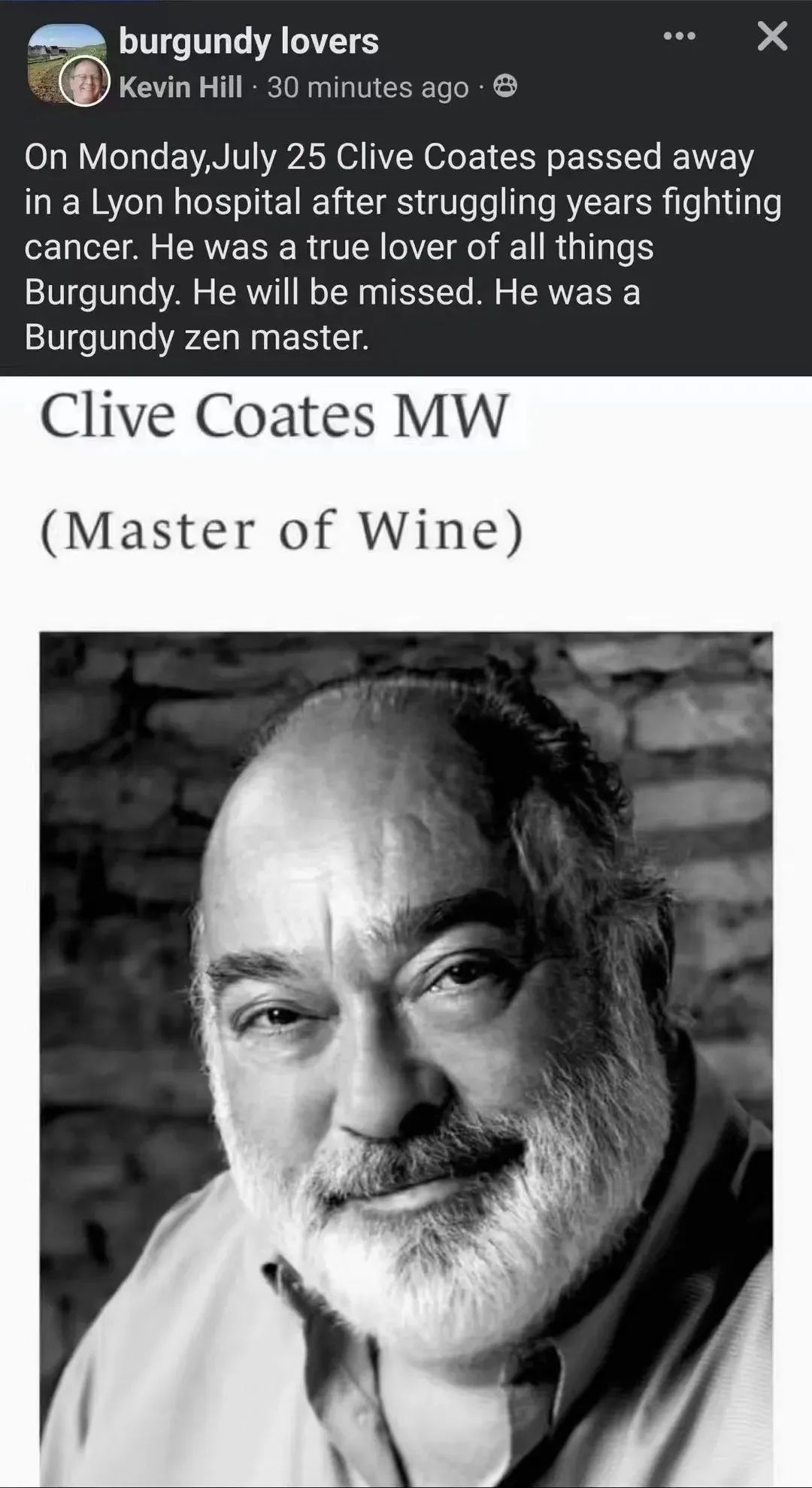 悲痛 | 著名勃艮第葡萄酒作家Clive Coates MW因病去世|酒斛网